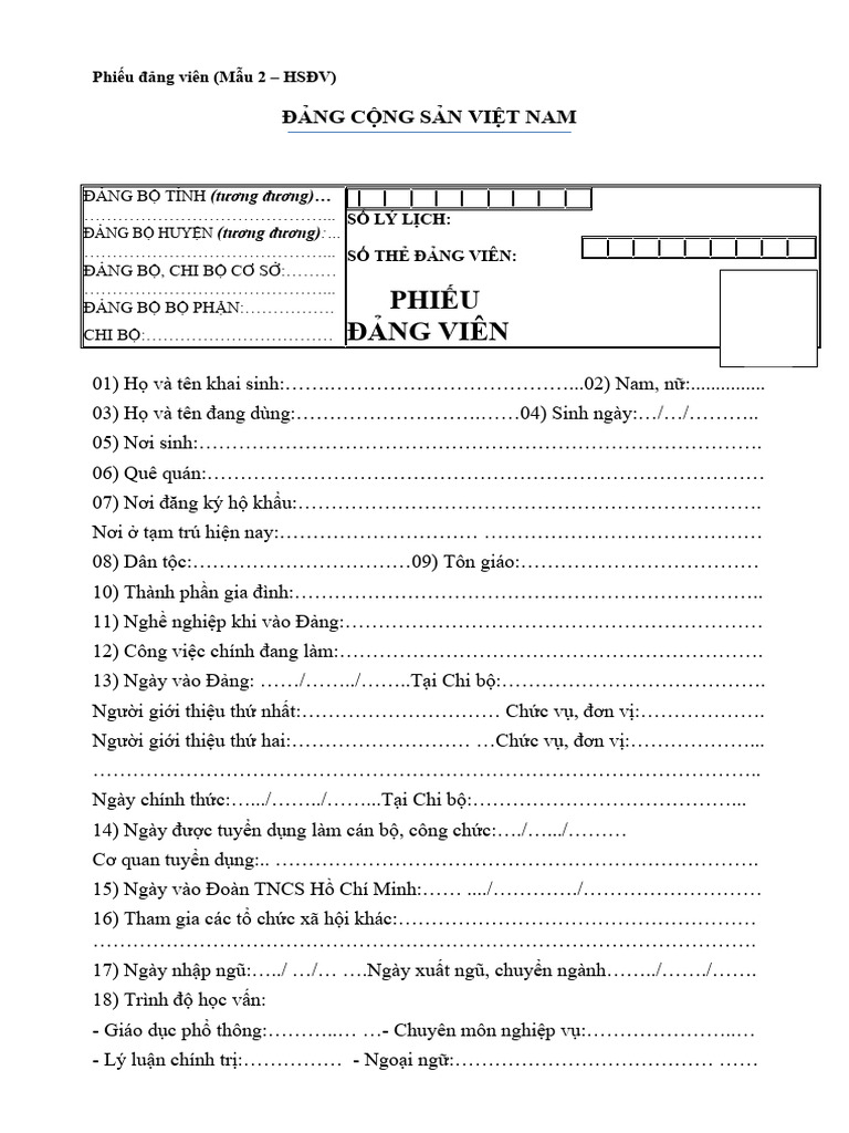Mau 2-HSDV Phieu Dang Vien | PDF