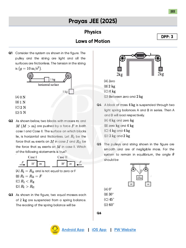 Laws of Motion DPP 03 (Of Lec 05) Prayas JEE 2025 | PDF | Tension (Physics) | Force