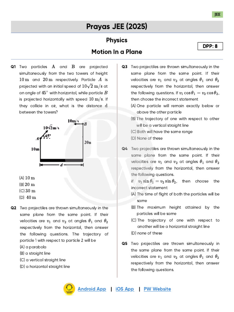Motion in A Plane DPP 08 (Extra DPP) Prayas JEE 2025 | PDF | Mechanical Engineering | Applied ...
