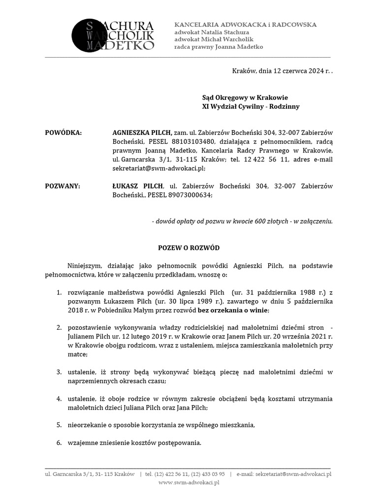 Pilch A. - Pozew Rozwód | PDF