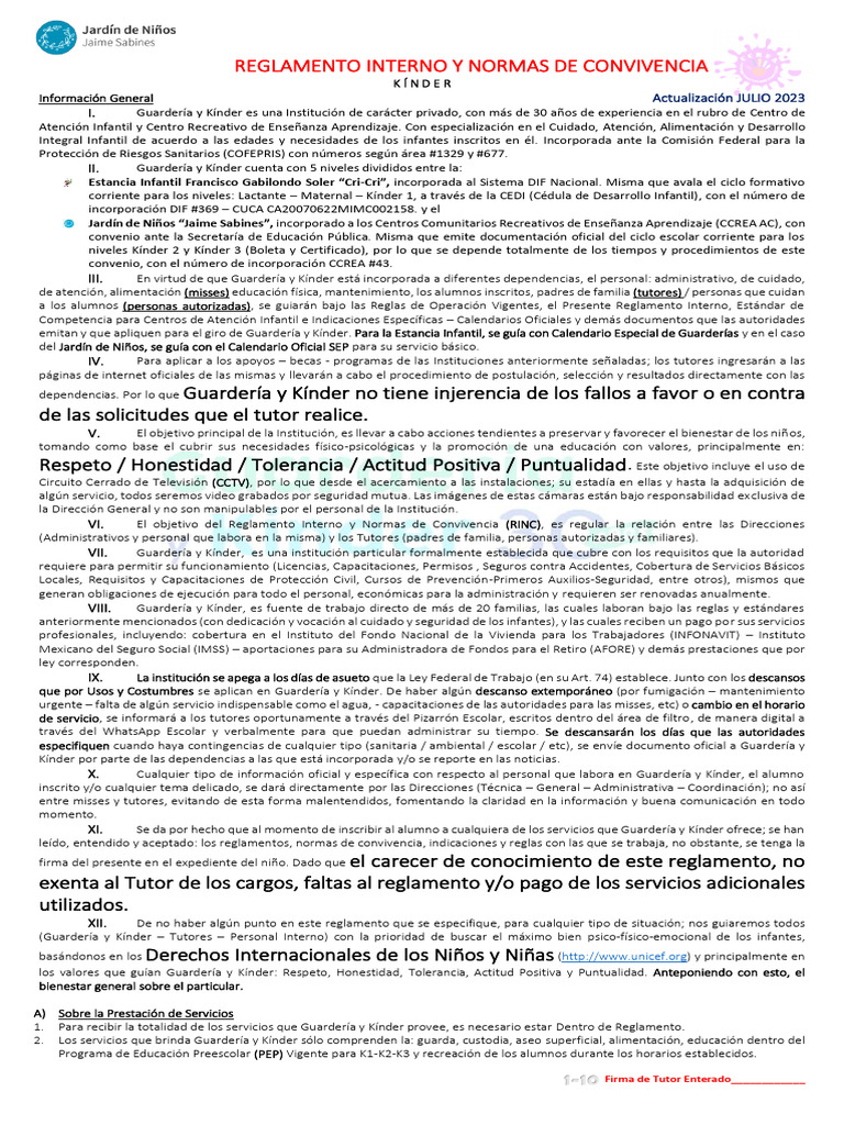 Reglamento_Interno_Normas-Convivencia-KINDER_-JUL2023 | Descargar gratis PDF | Educación de la ...