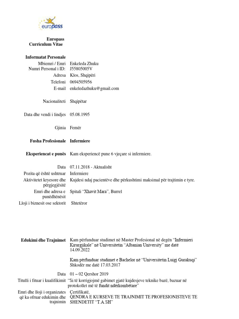 CV Enkeleda Zhuku | PDF