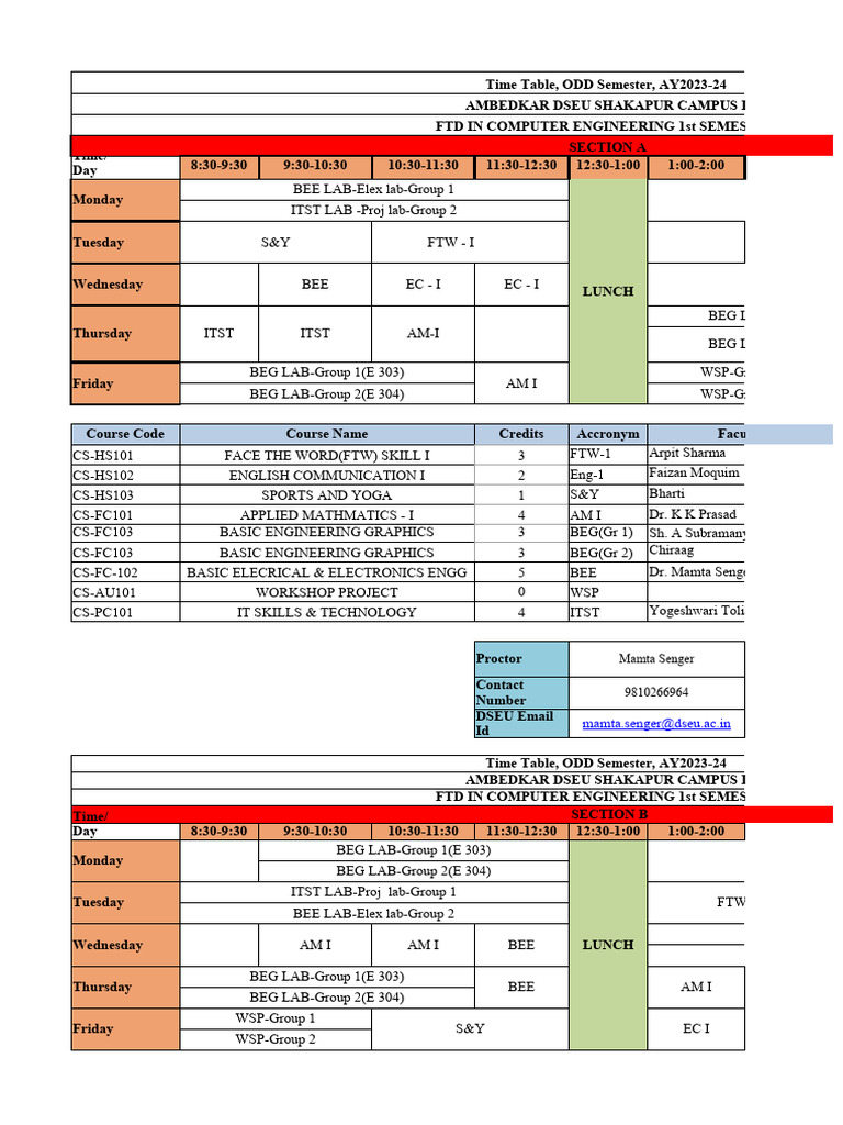 DSEU Computer Engg 1st Sem Timetable | PDF | Computer Science | Computing