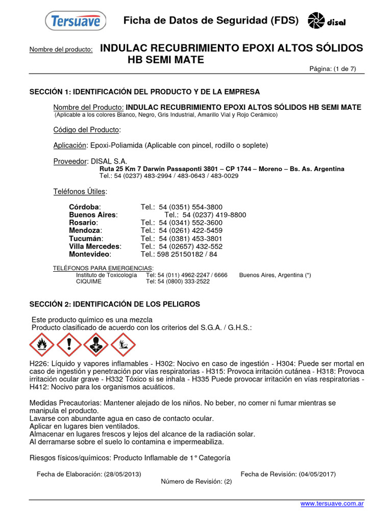 Ficha de Seguridad Indulac Epoxi Semi Mate | PDF | Agua | Dióxido de ...