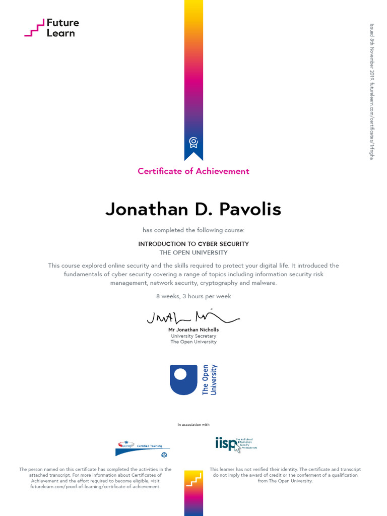 Cyber Security Course Completion Certificate | PDF | Security ...