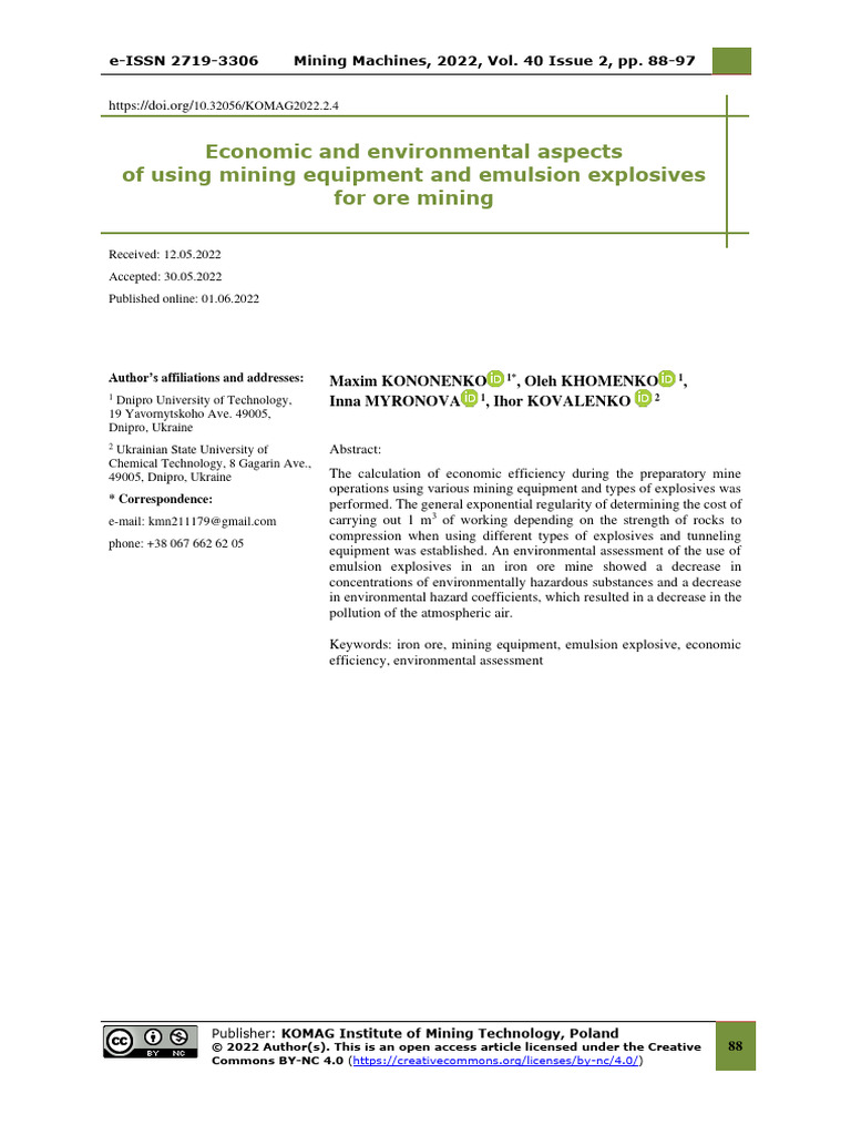 Economic and Environmental Aspects of Using Mining Equipment and ...
