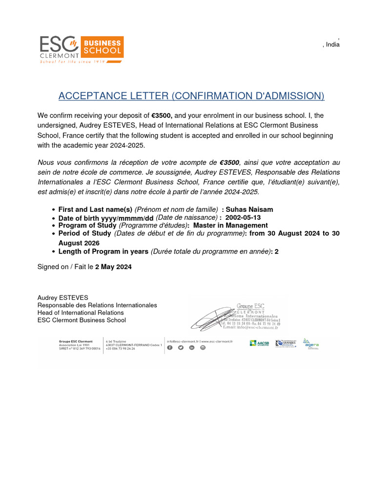 2024 Enrollment Letter 1714655696 | PDF
