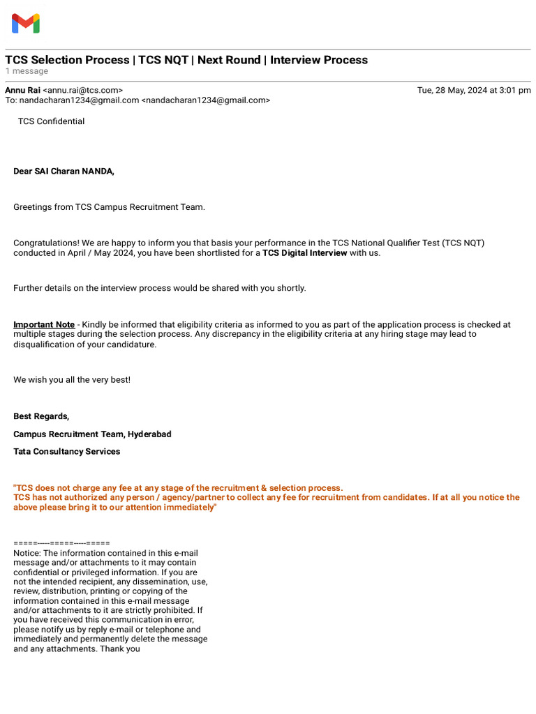 Gmail - TCS Selection Process - TCS NQT - Next Round - Interview Process | PDF | Career & Growth
