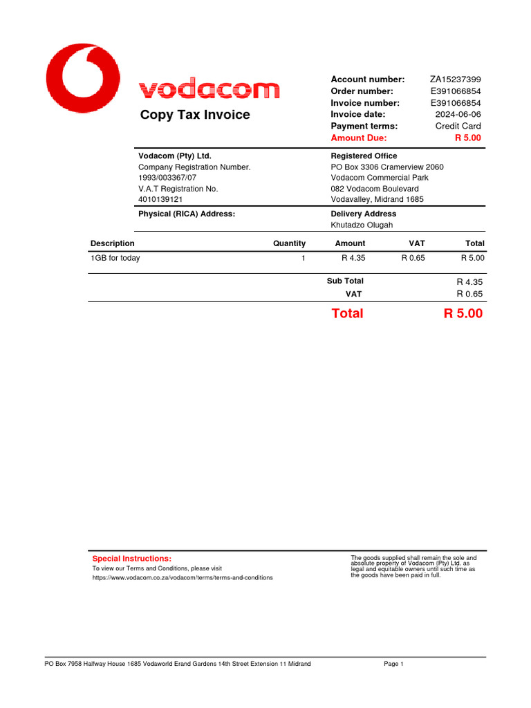 Copy Tax Invoice: Total R 5.00 | PDF | Invoice | Value Added Tax