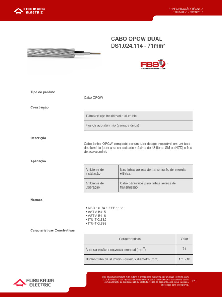 FURUKAWA - CABO OPGW DUAL - DS1.024.114 - 71mm2 | PDF | Eletricidade ...