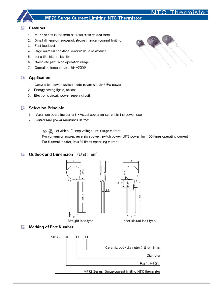 MF72 Surge Current Limiting NTC Thermistor: Features | PDF | Electrical Resistance And ...