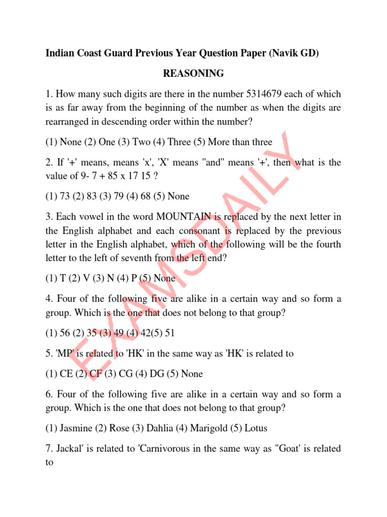 Indian Coast Guard Previous Year Question Paper (Navik GD) 1. (With ...
