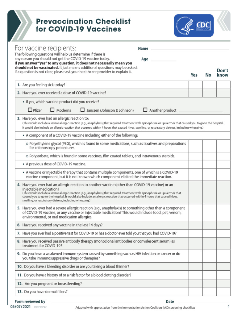 CDC Pre Vaccination Screening Form | PDF | Vaccines | Clinical Medicine