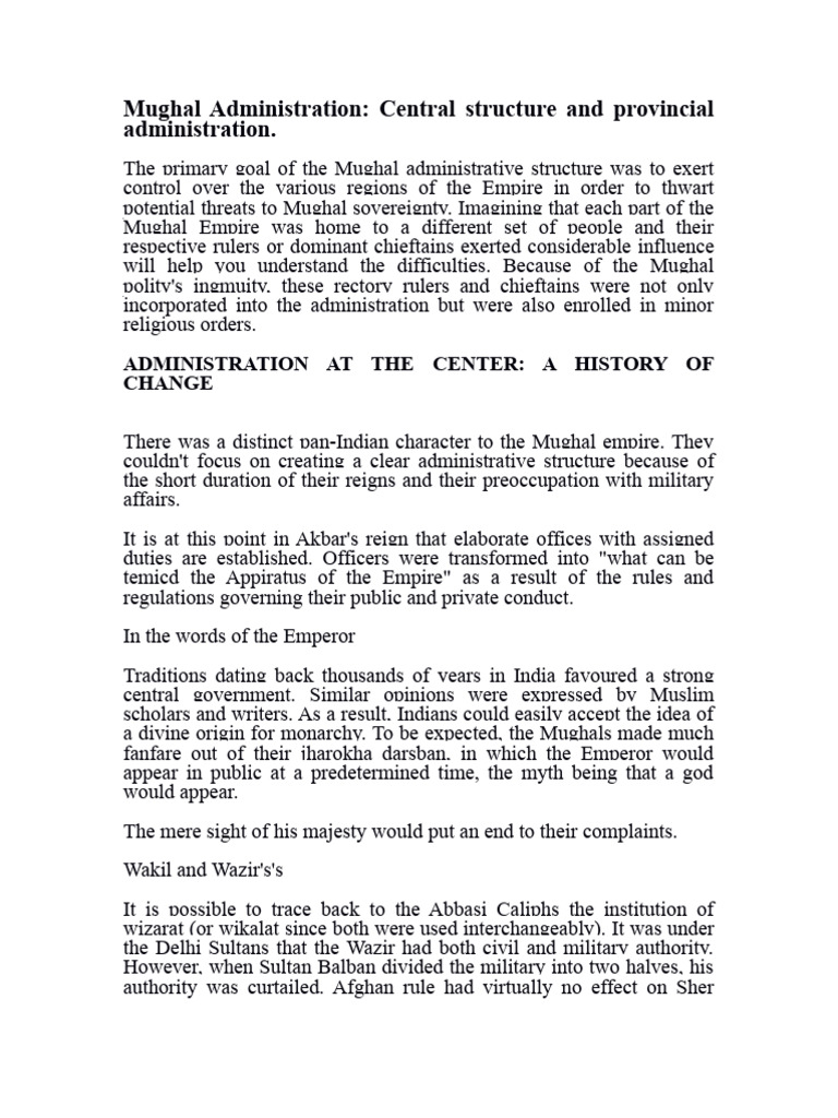mughal-administration-central-structure-and-provincial-administration | Download Free PDF ...