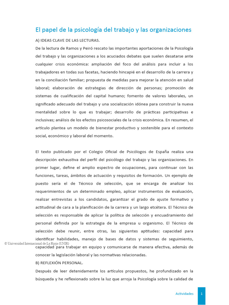 El Papel de La Psicología Del Trabajo y Las Organizaciones | PDF | Sicología | Psicología ...