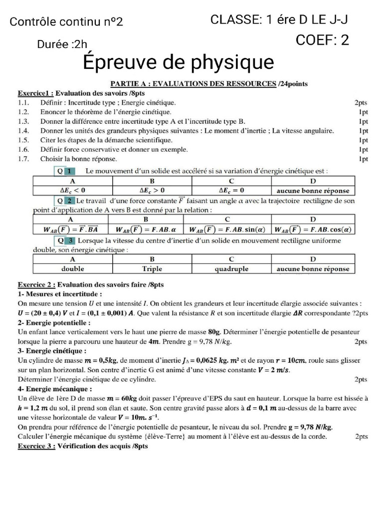 CC Nº2 PHYS 1 Ére D LE J-J. 2023 - 2024 | PDF