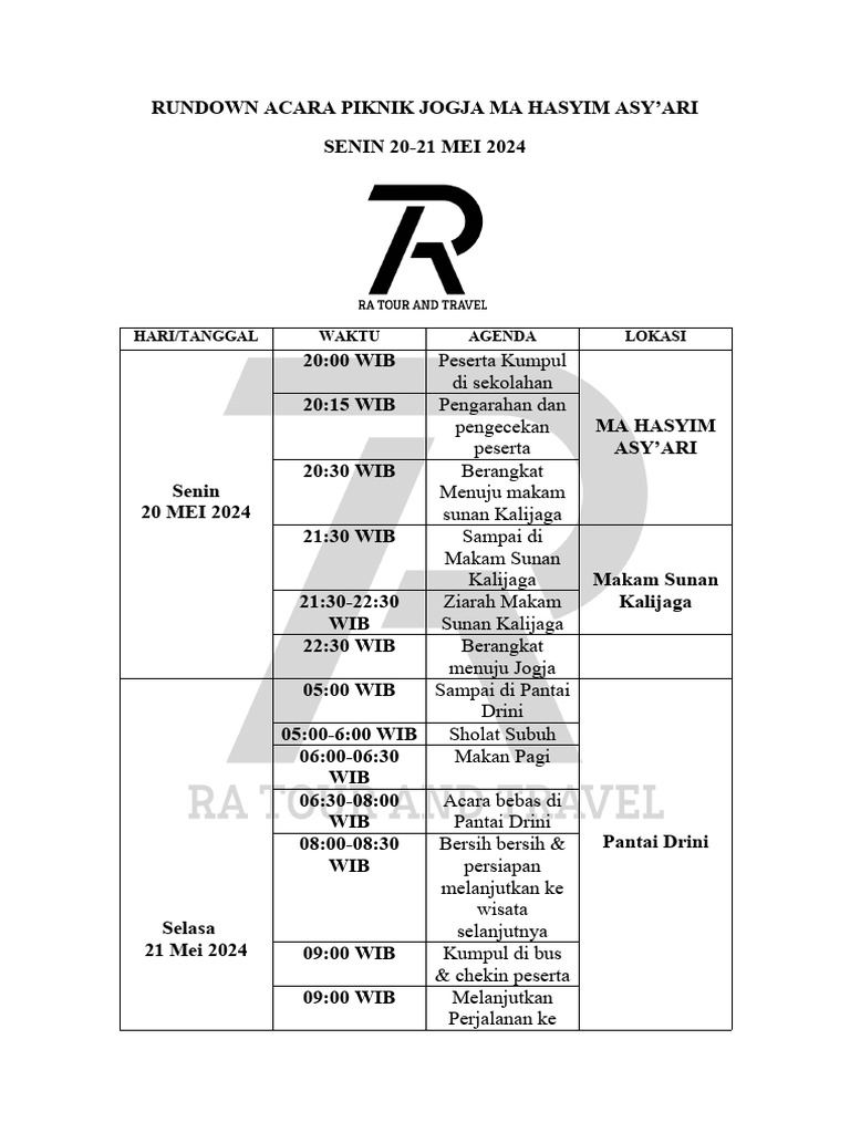 Rundown Acara Piknik Jogja Ma Hasyim Asy-1 | PDF