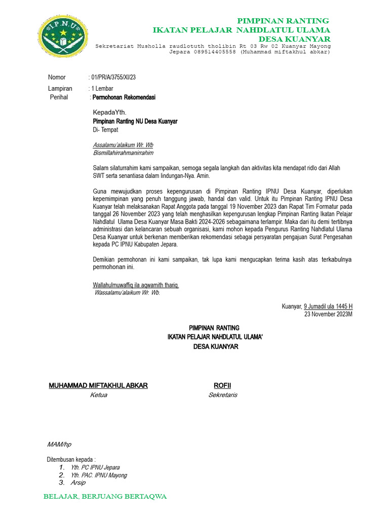 Pengajuan SK Ipnu Kuayar | PDF