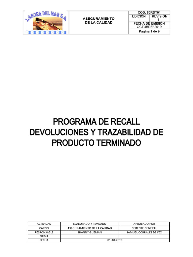 Procedimiento de Recall y Devoluciones | PDF | Calidad (comercial ...