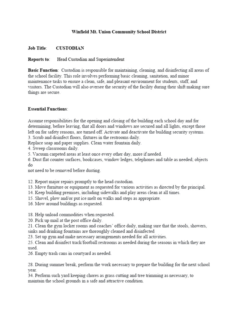 Custodian Job Description | PDF | Public Toilet | Disinfectant