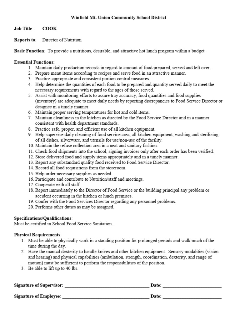 Job Description - COOK | Download Free PDF | Kitchen