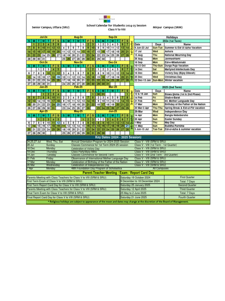School Calendar For Students: 2024-25 Session Class V To VIII Mirpur ...