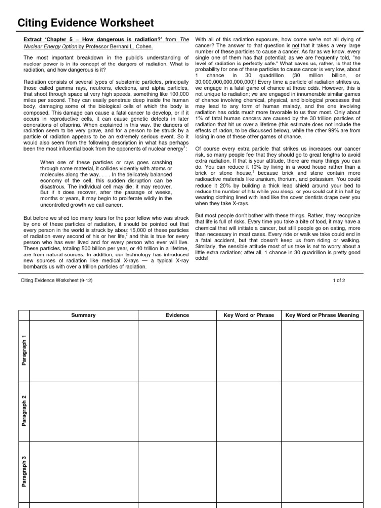 Citing Evidence Worksheet | PDF | Radiation | Ionizing Radiation