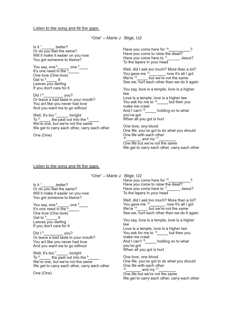 One - Marie J. Blige, U2 | PDF