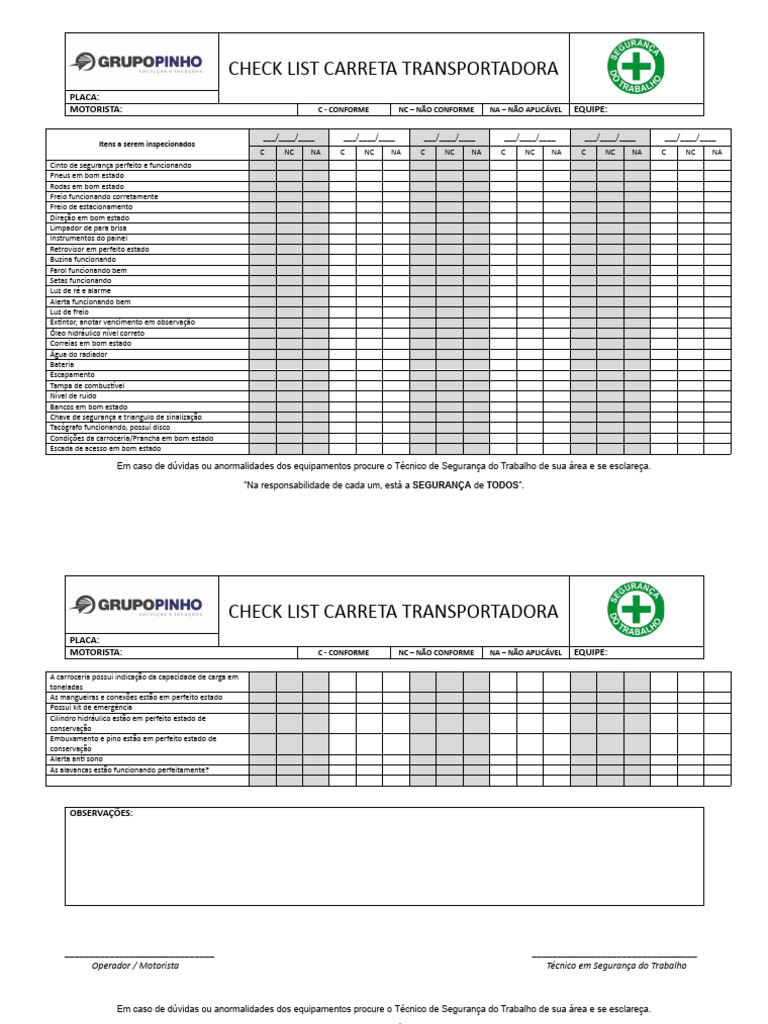 Checklist de Inspeção para Carreta Transportadora | PDF | Veículos ...