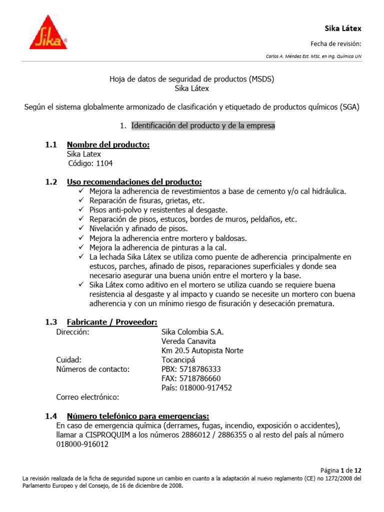 Sika Latex (Aditivo para Mortero) FDS | PDF | Residuos | Agua