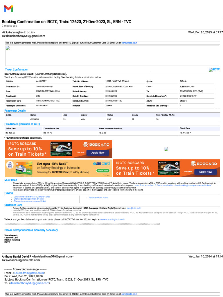 Gmail - Booking Confirmation On IRCTC, Train - 12623, 21-Dec-2023, SL ...