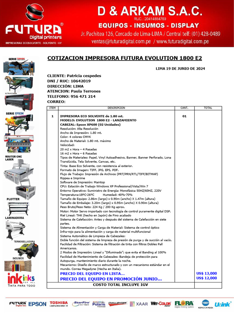 Cotizacion de Impresora Futura Evolution 1800 E2 - Patricia Cespedes ...
