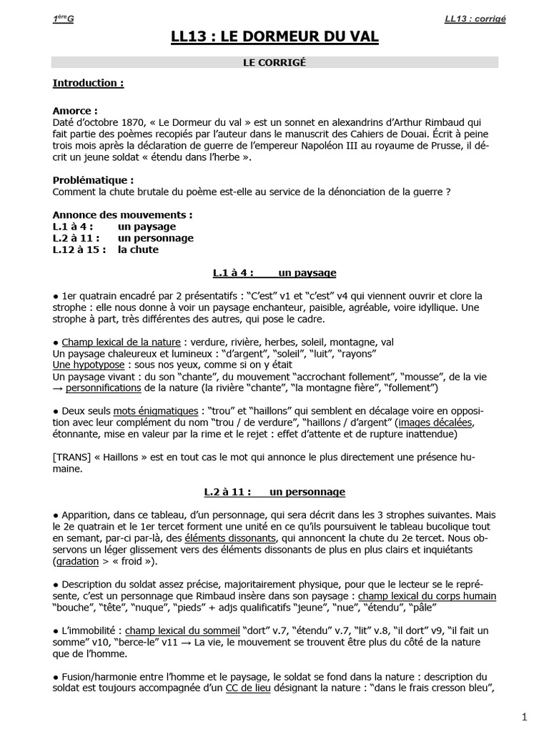 Ll13 Le Dormeur Du Val Le Corrige | PDF | Poétique (discipline) | Poésie