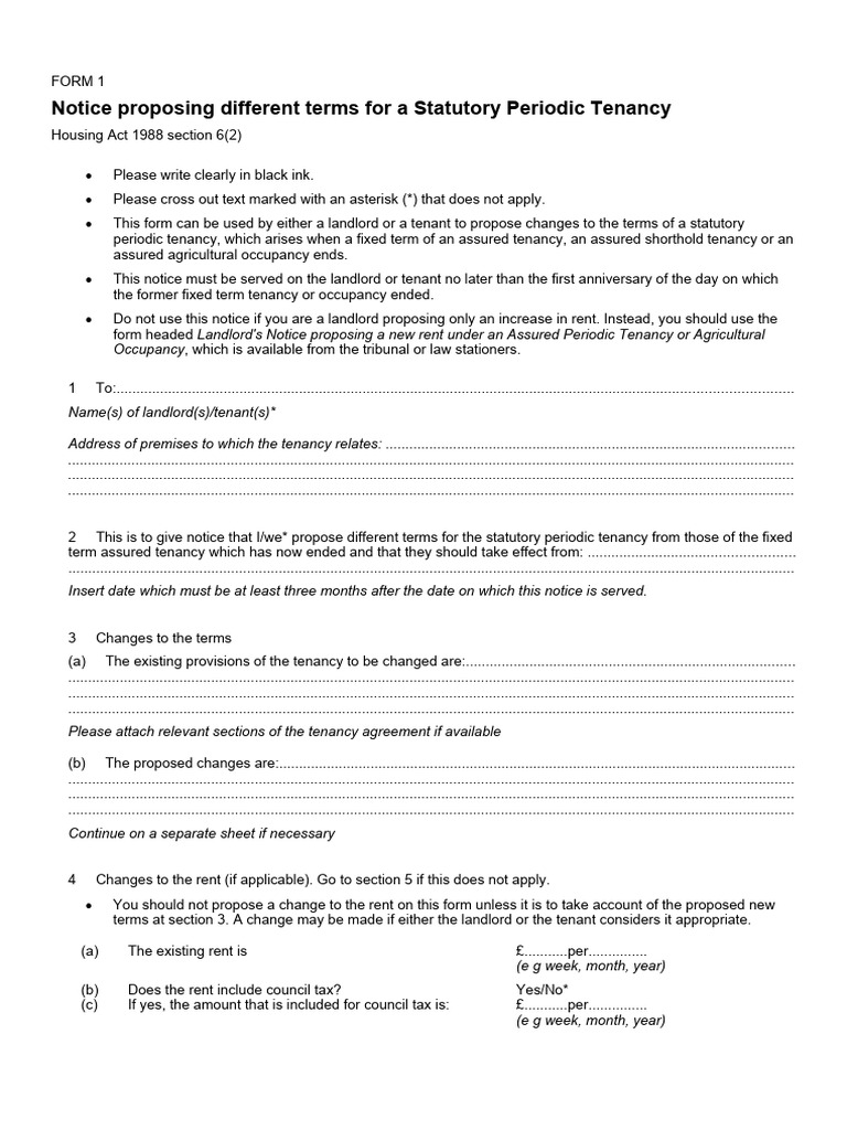 Tenancy Form 1: Notice Proposing Different Terms For A Statutory ...