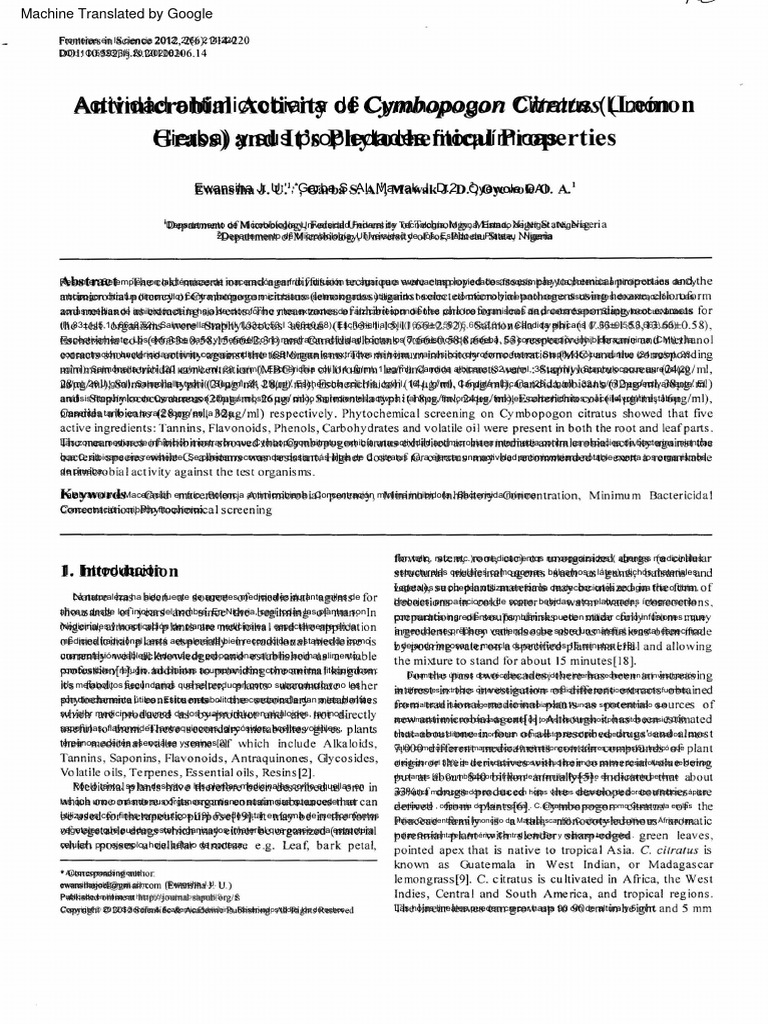 Antimicrobial Activity of Cymbopogon Citratus Lemon Grass and Its Phytochemical Properties | PDF ...