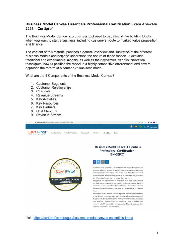 Business Model Canvas Essentials Professional Certification Exam Answers 2023 PDF | PDF ...