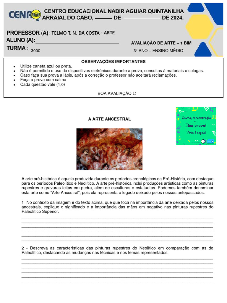 Av Arte - 3 Ano Cenaq 1 Bim 2024 | PDF | Arte Rupestre | Pinturas
