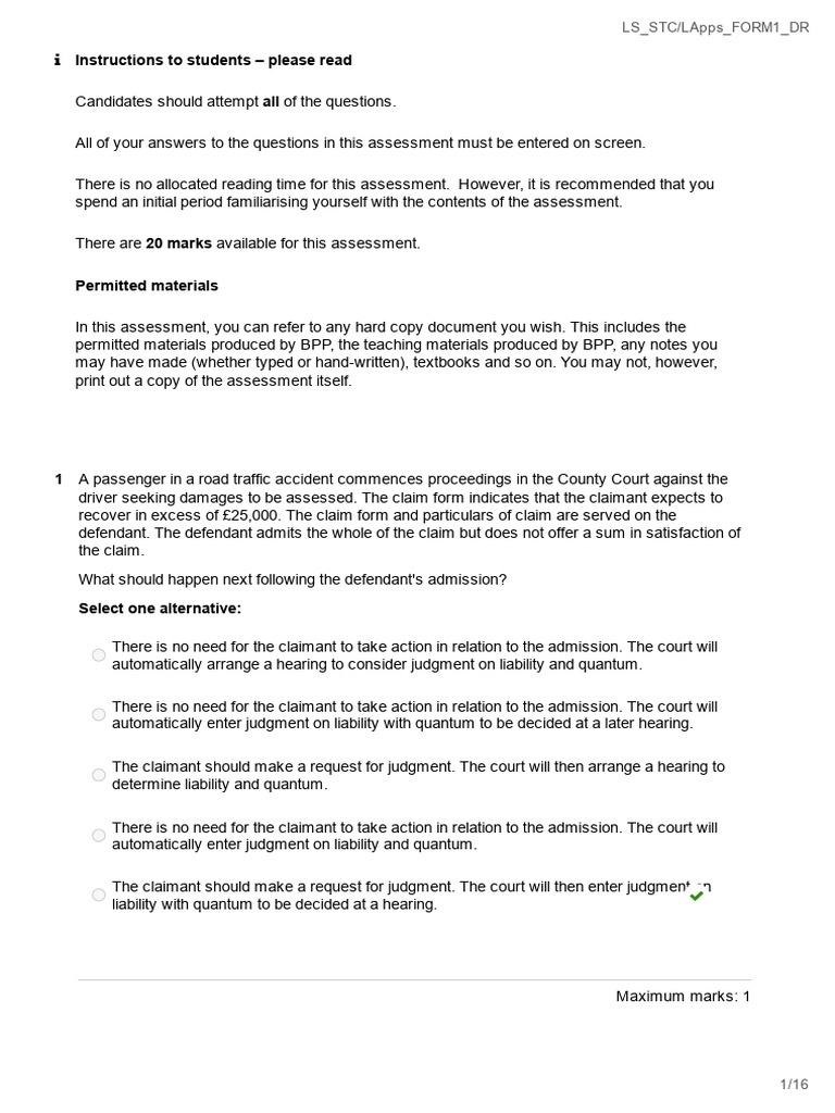 Formative Assessment Question Set 1 (With Answers) | PDF | Discovery (Law) | Damages