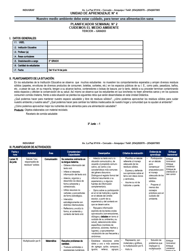 3° Grado - Planificador Semanal 10 Al 14 de Junio | PDF | Entorno ...