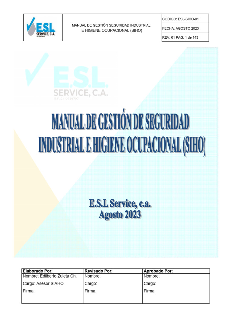 MANUAL DE GESTION SIHO ESL SERVICE AGOSTO 2023 | Descargar gratis PDF | Higiene Ocupacional ...