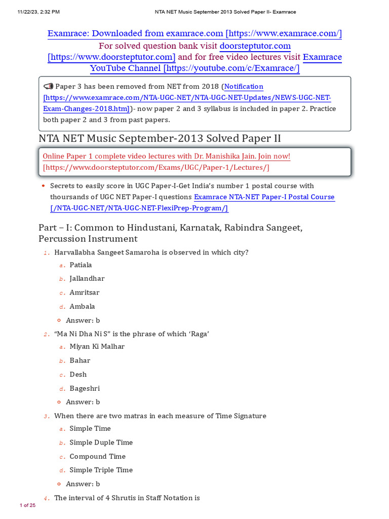 NTA UGC NET Music Paper 2 Solved September 2013 | PDF | Classical And ...