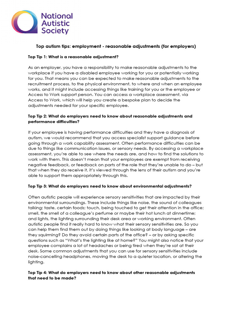 Top Autism Tips Employment - Reasonable Adjustments For Employers | PDF ...