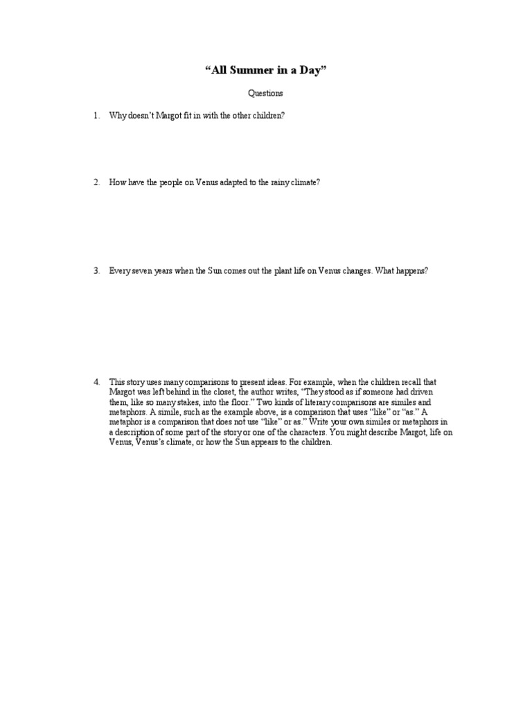 All Summer in A Day Questions | PDF