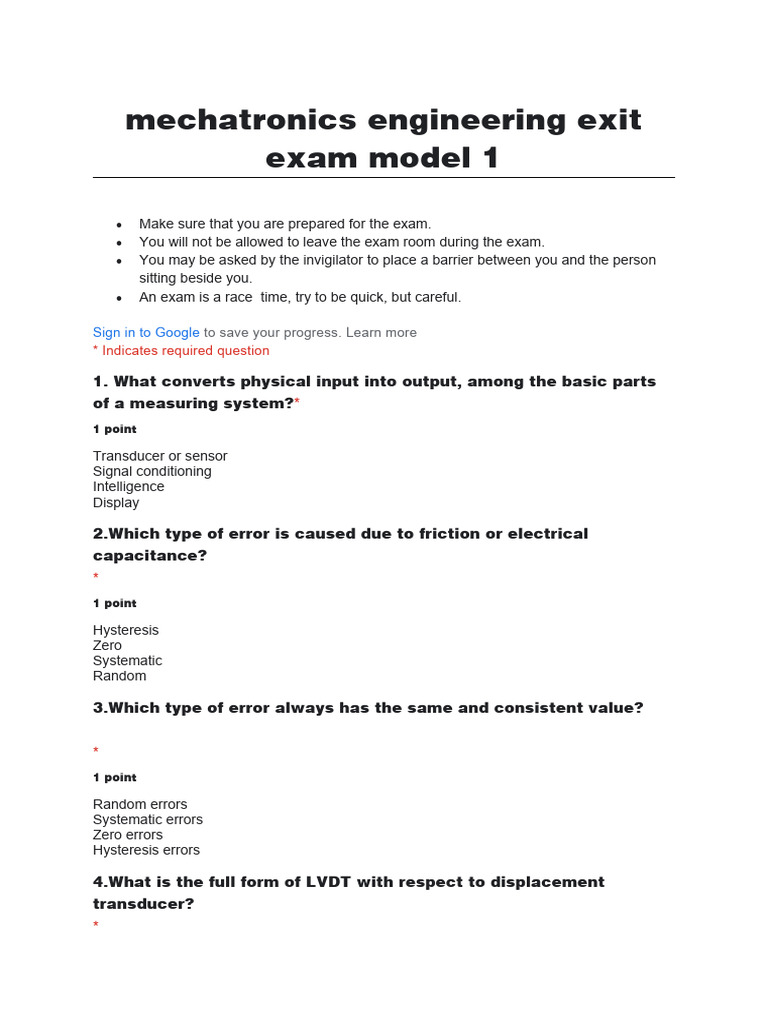 Mechatronics Engineering Exit Exam Model 1 | PDF | Control Theory ...