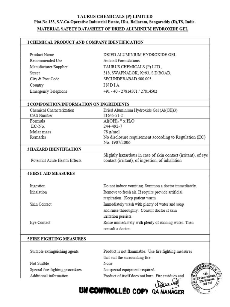 Taurus Chemicals MSDS: Aluminium Hydroxide | PDF | Personal Protective ...