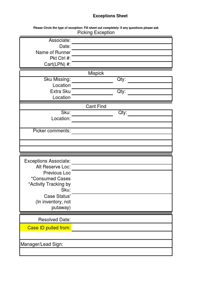 Exceptions Sheet: Please Circle The Type of Exception-Fill Sheet Out ...