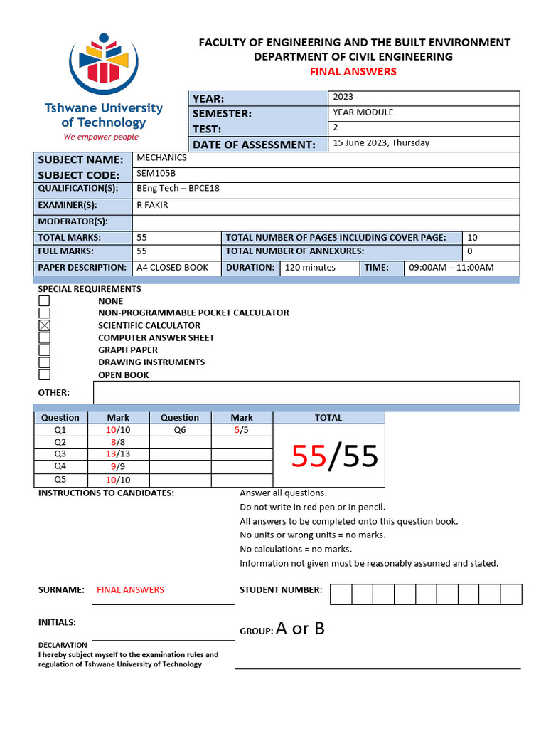 Mechanics Exam SEM105B 2023 Details | PDF | Force | Belt (Mechanical)