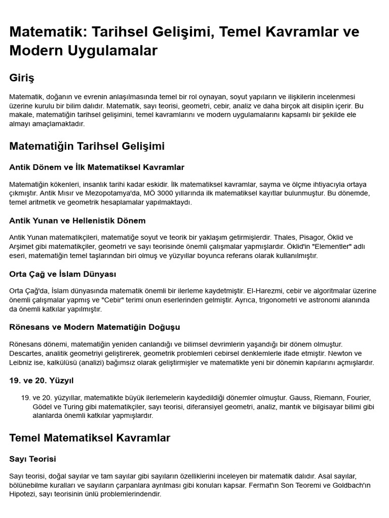 Matematik - Tarihsel Gelişimi, Temel Kavramlar Ve Modern Uygulamalar | PDF