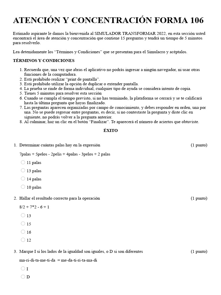 Atención y Concentración Forma 106 | PDF