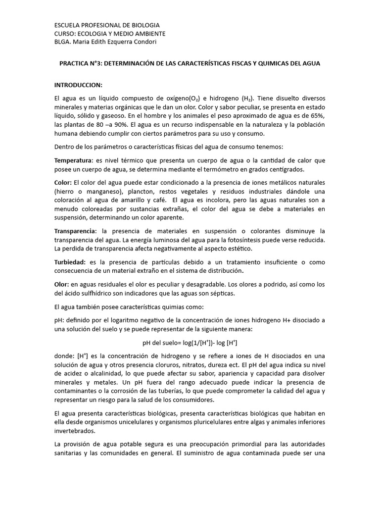 Practica N 3 DeterminaciÓn De Las CaracterÍsticas Del Agua De Consumo